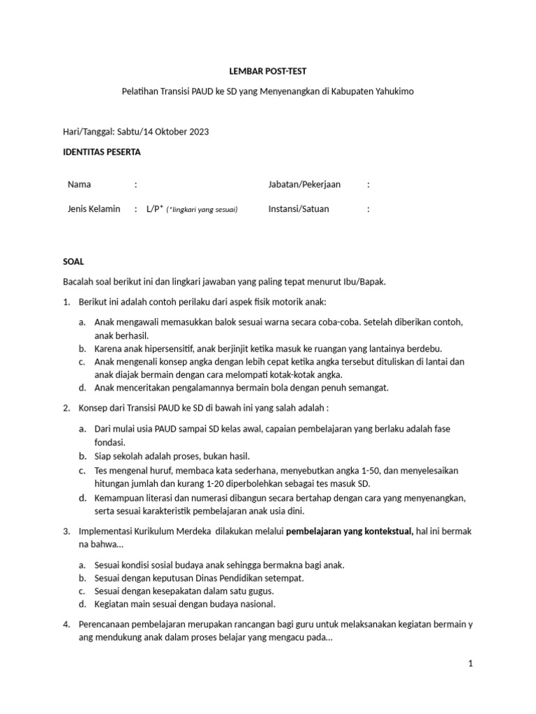 Post-Test Pelatihan Transisi PAUD ke SD | PDF