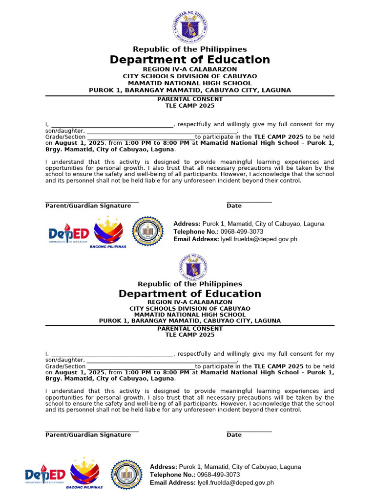 Parent Consent Tle Camp 2025 | PDF