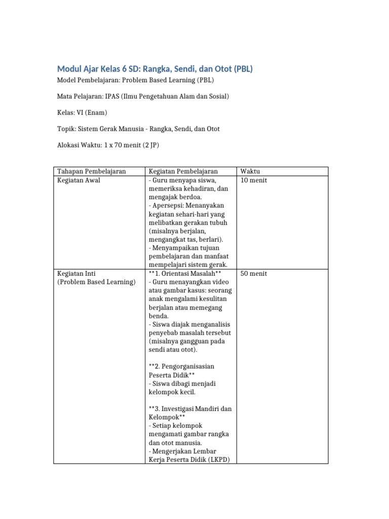 Modul Ajar Kelas6 PBL Rangka Sendi Otot | PDF