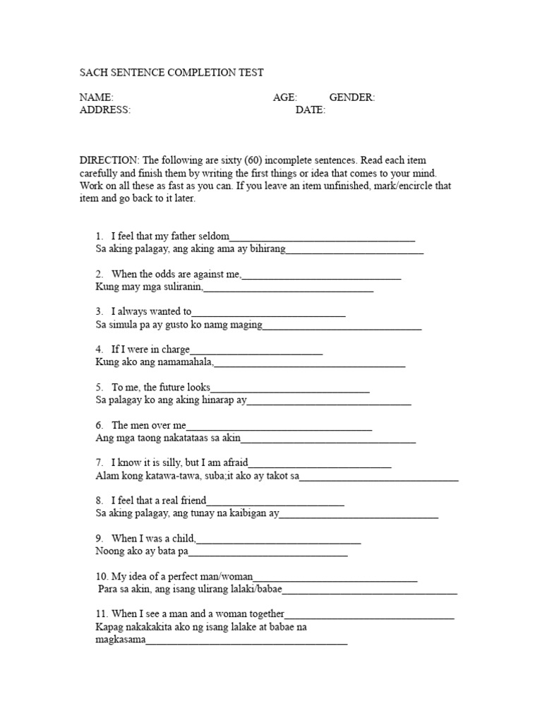 Sacks Sentence Completion Test | PDF