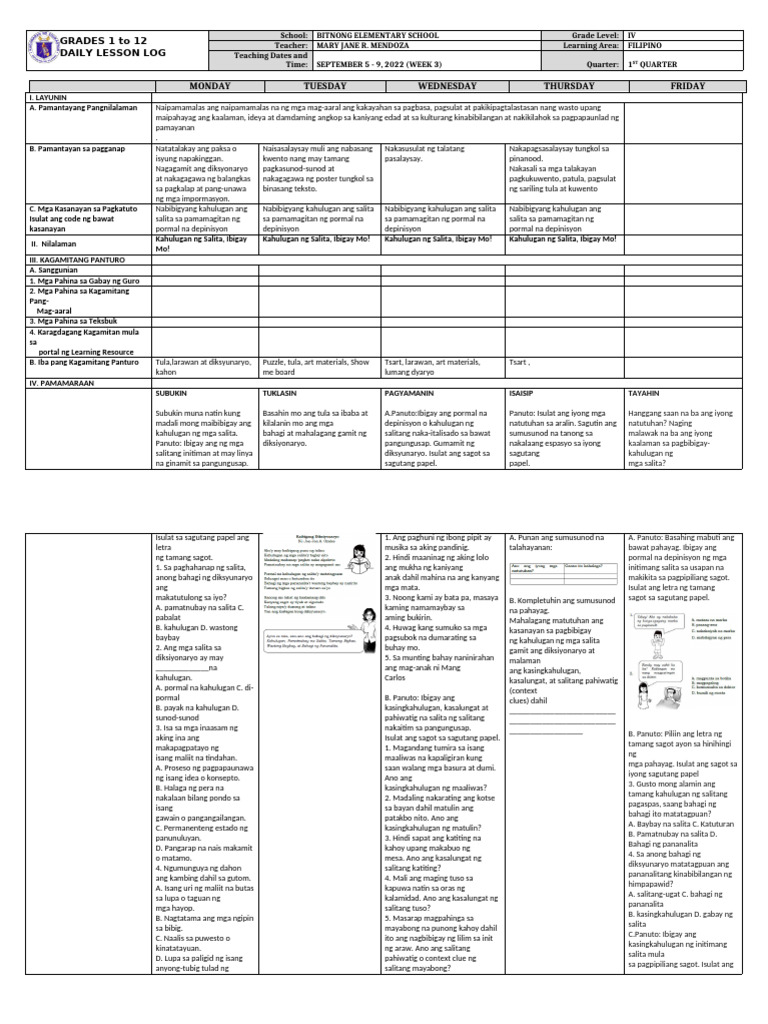 DLL - Filipino 4 - Q1 - W3 | PDF