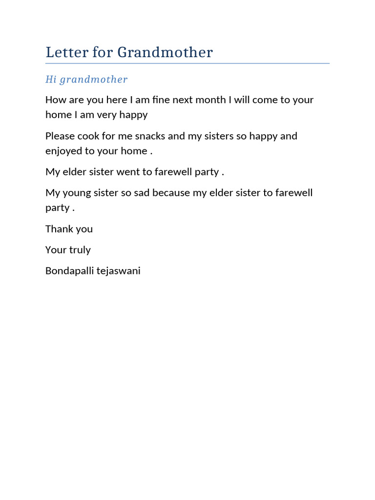 Letter to Grandmother from Tejaswani | PDF
