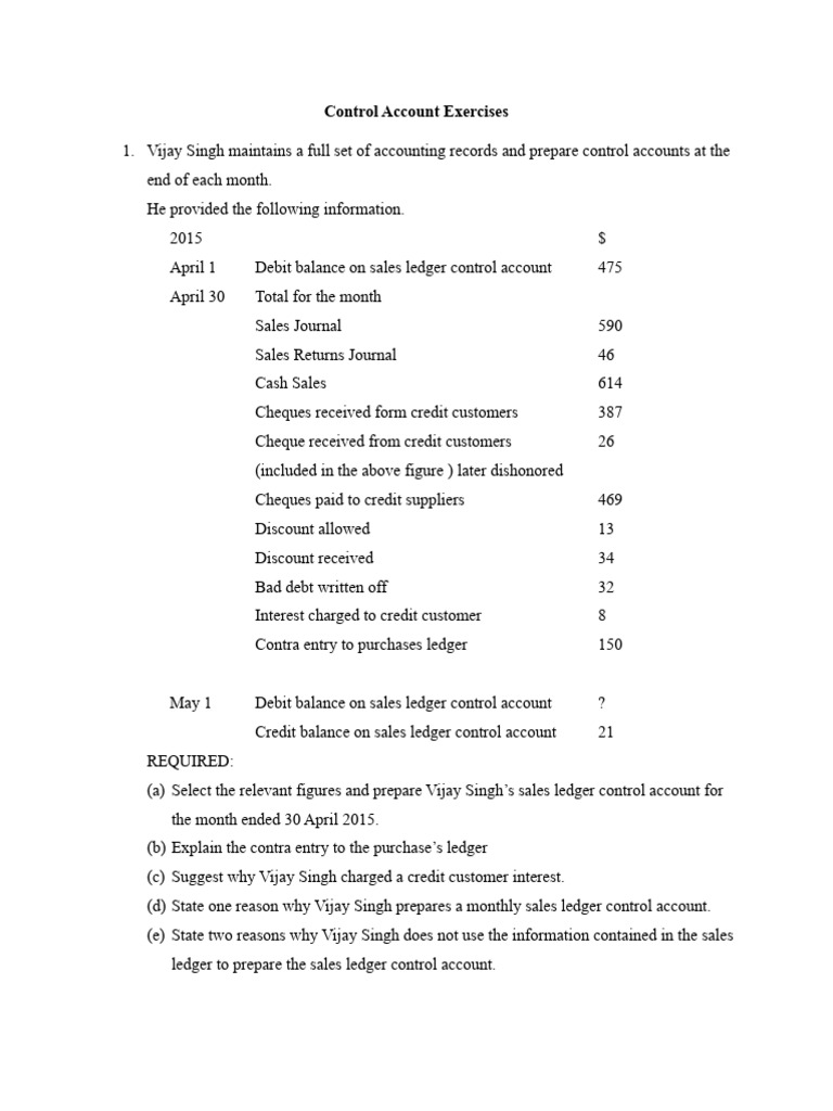 Control Account Exercises | PDF | Debits And Credits | Debt