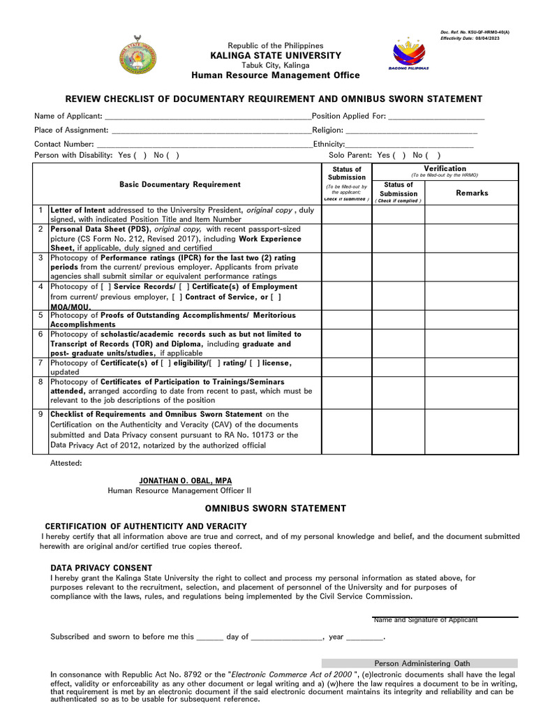 KSU QF HRMO 40A Checklist of Applicant Requirements and Omnibus Sworn Statement NEW 2024 | PDF ...