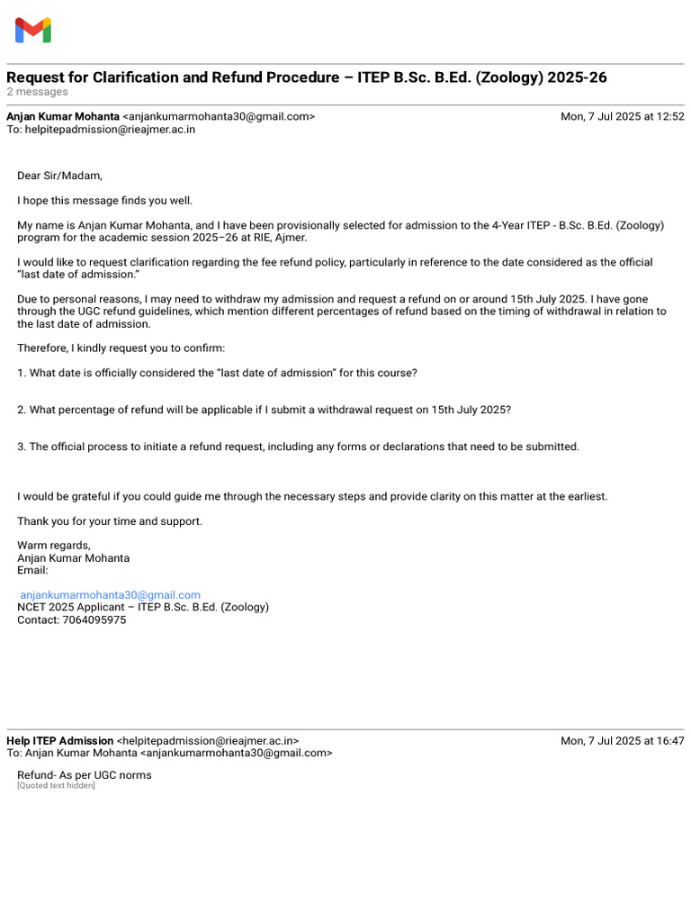 Gmail - Request For Clarification and Refund Procedure - ITEP B.sc. B.ed. (Zoology) 2025-26 | PDF
