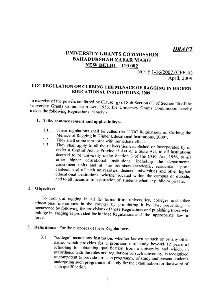 UGC Regulation On Curbing The Menace of Ragging | PDF