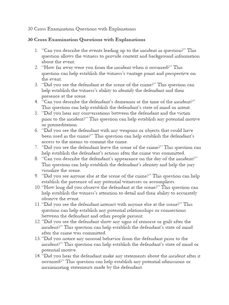 Cross Examination Questions Explained | PDF | Witness | Testimony