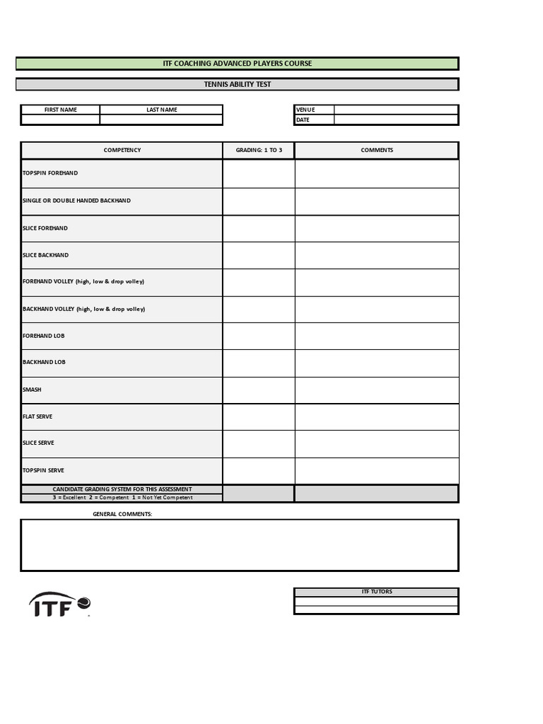 CAP Assessment Sheet Tennis Ability | PDF