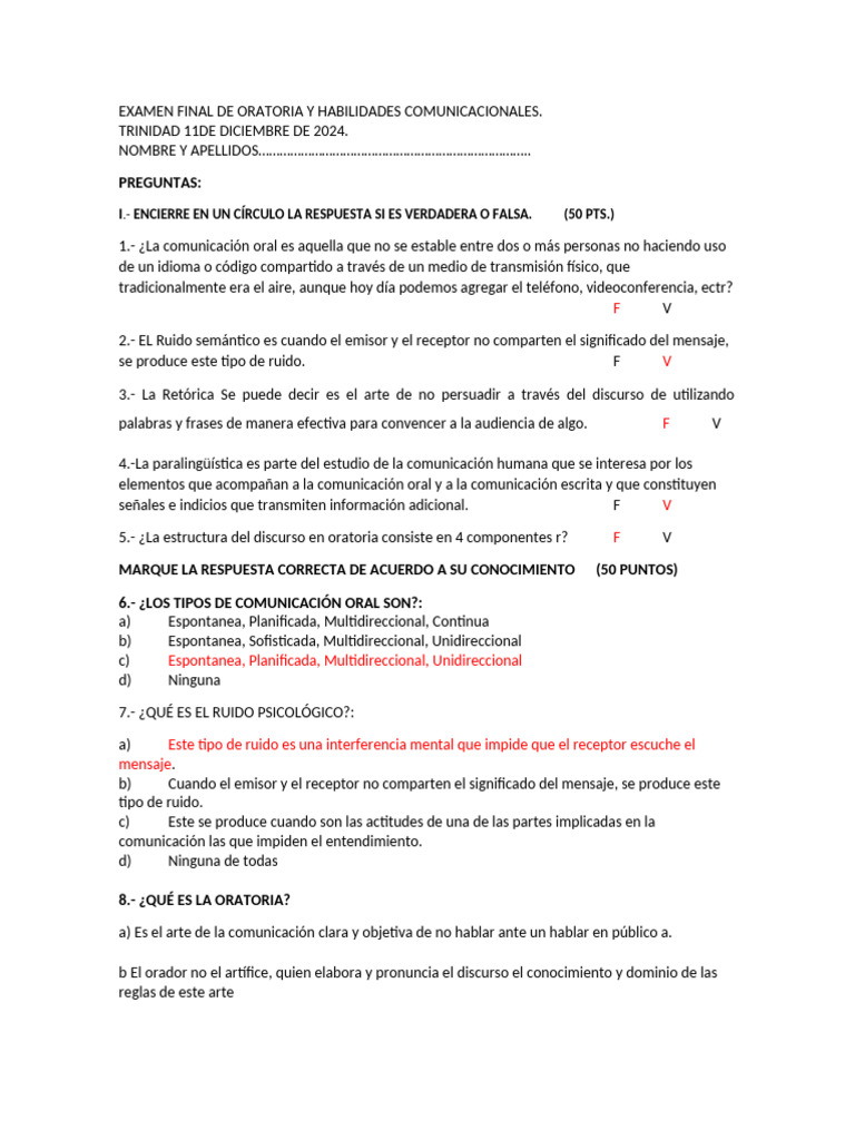 Examen Final de Oratoria 2024 | PDF | Comunicación | Hablar en público