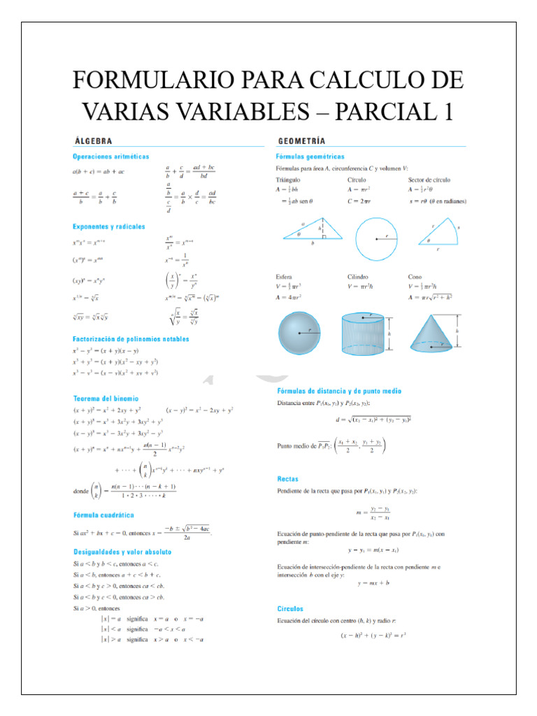 Formulario para Calculo de Varias Variables | PDF | Rectángulo | Geometría diferencial