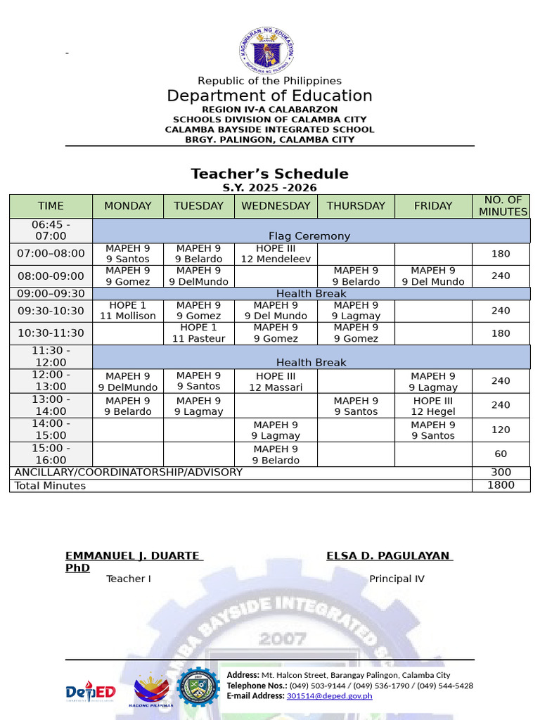 Teachers Schedule Template | PDF