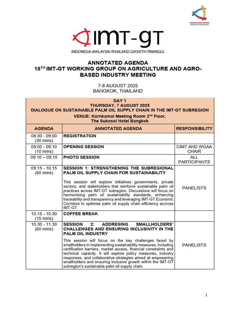 IMT-GT Agriculture Meeting Agenda 2025 | PDF | Palm Oil | Smallholding