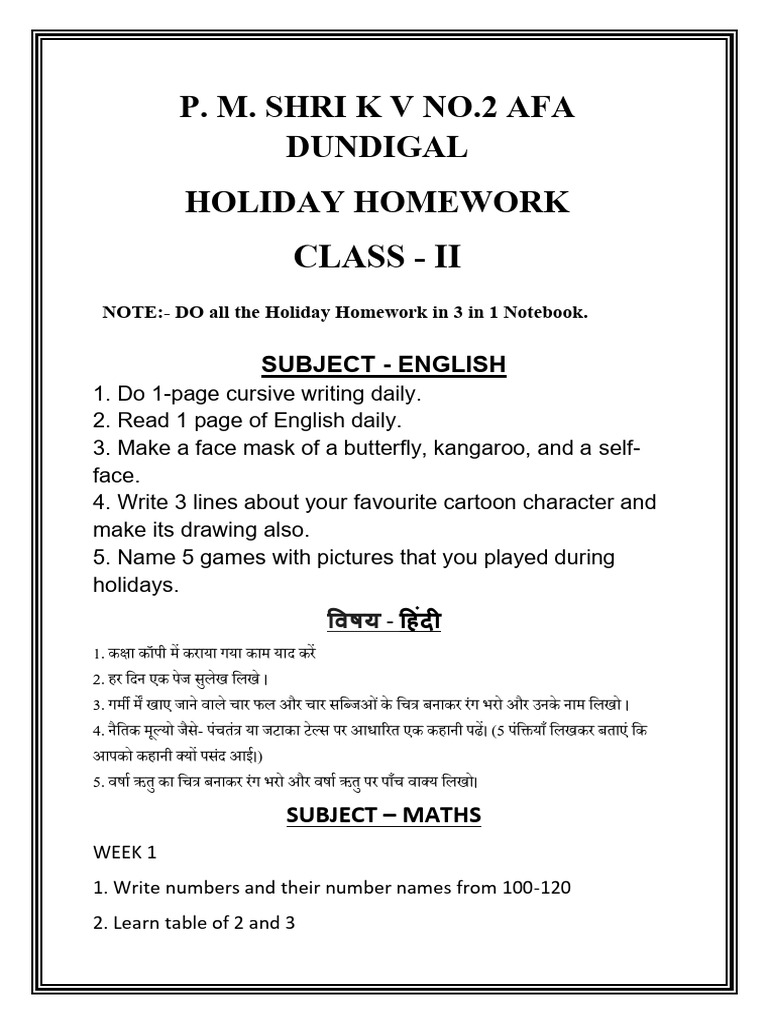 Holiday Homework Class 2 | PDF