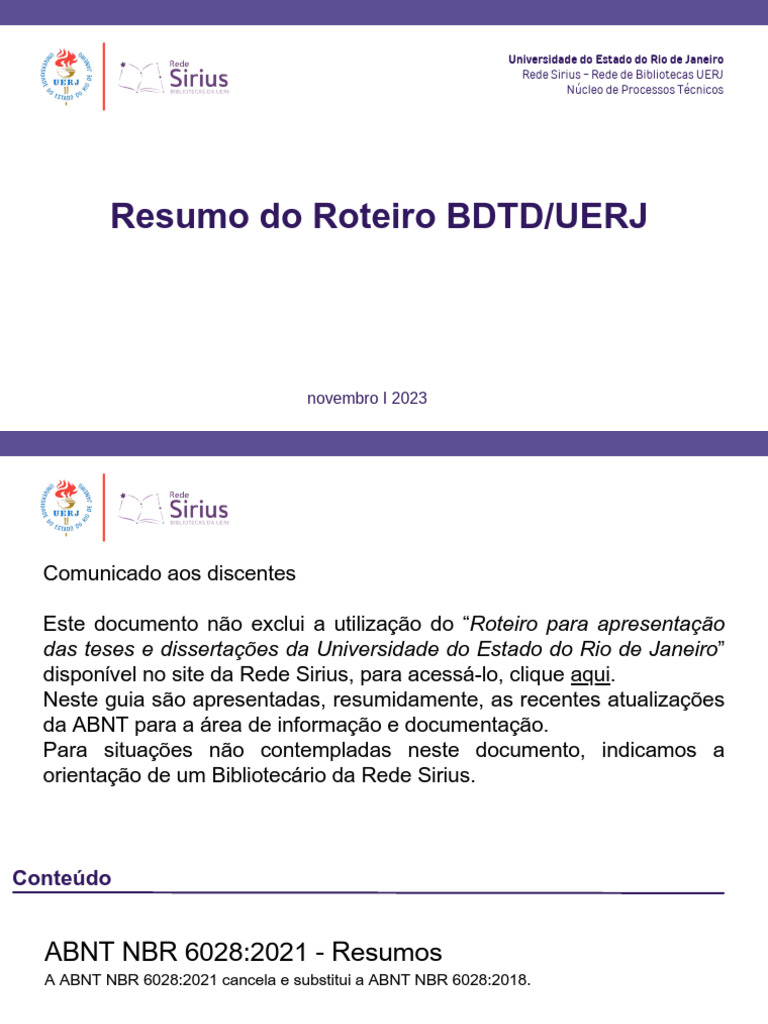 Resumo Roteiro BDTD UERJ Abnt Resumo | PDF | Citação | Abstract (resumo)