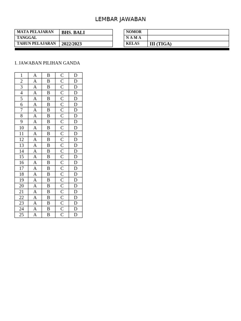 Lembar Jawaban BHS. Bali Kelas III | PDF