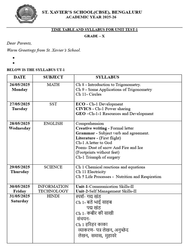 Grade 10 UT-1 Syllabus and Timetable (2025-26) | PDF