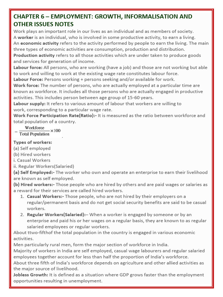 Chapter 6 - Employment - Growth, Informalisation and Other Issues Notes ...