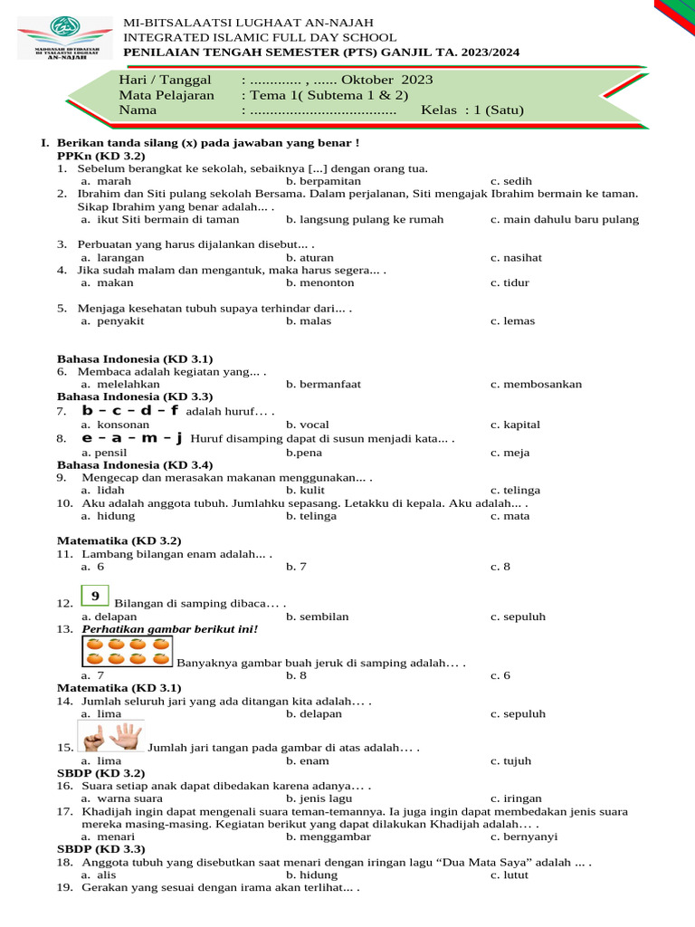 Soal Pts Kls 1 Tema 1 Subtema 1 & 2 | PDF
