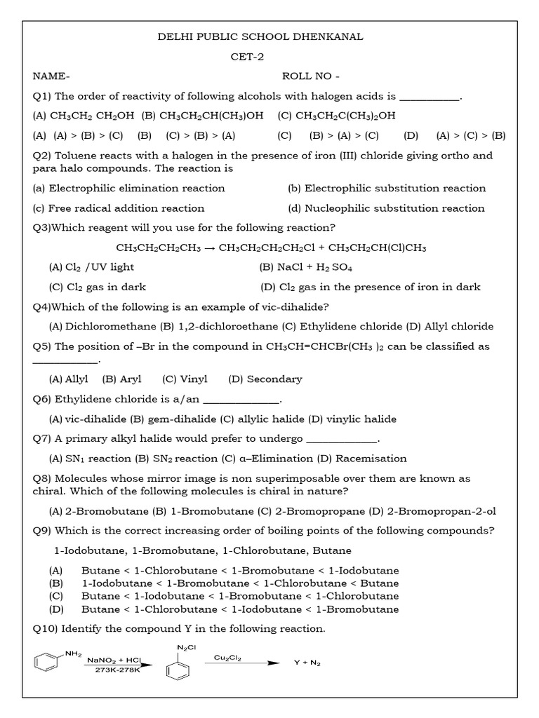 Alcohol and Halogen Reactivity Quiz | PDF | Methyl Group | Chemistry