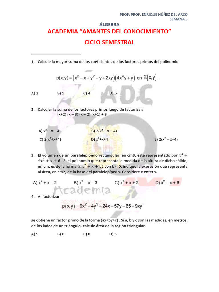 ALGEBRA- SEMANA 5 EJERCICIOS CLASE Y TAREA - CICLO SEMESTRAL - | PDF | Factorización | Álgebra ...