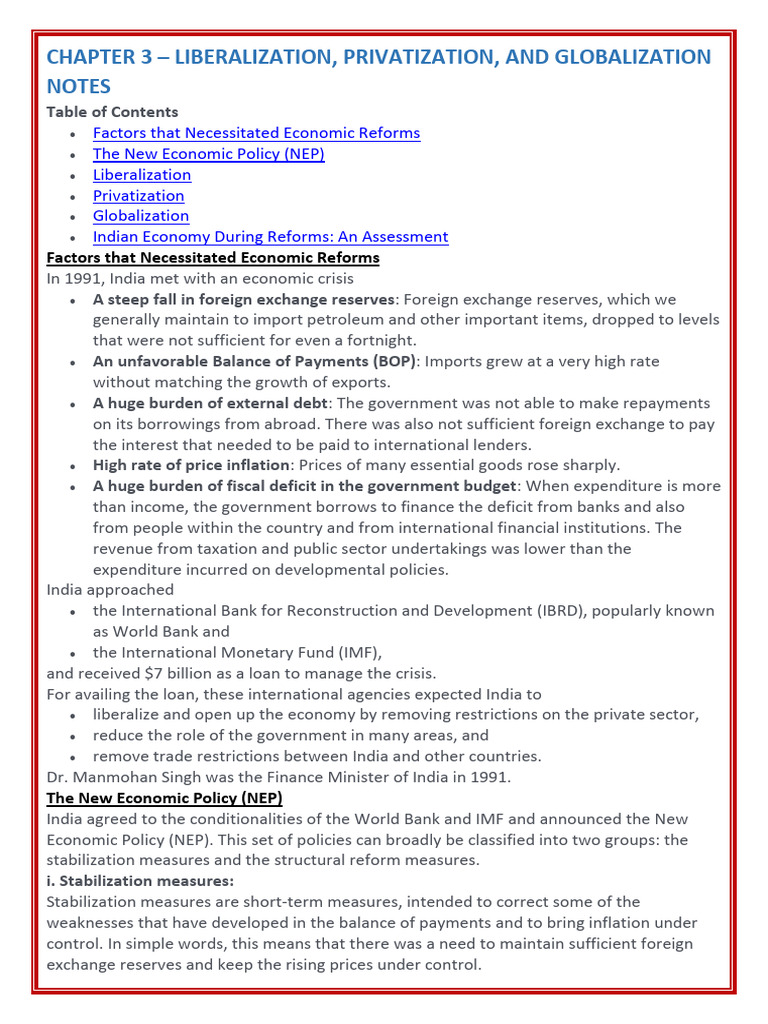 Chapter 3 - Liberalization, Privatization, and Globalization Notes ...