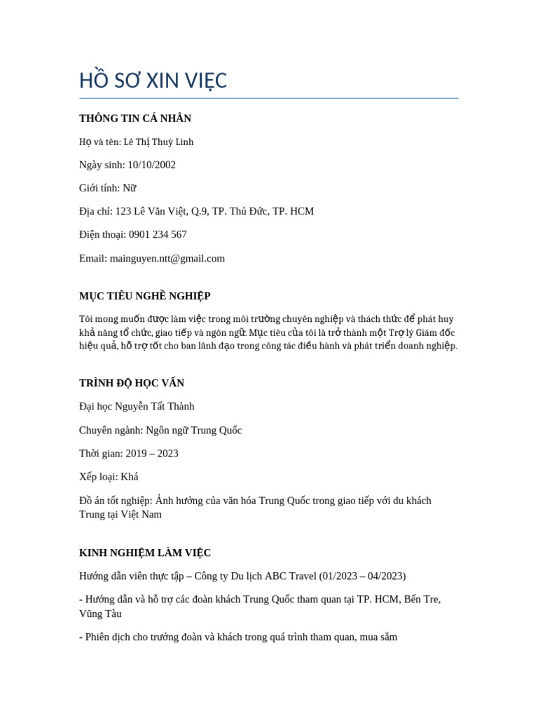 CV Le Thi Thuy Linh Tro Ly Giam Doc 2 | PDF