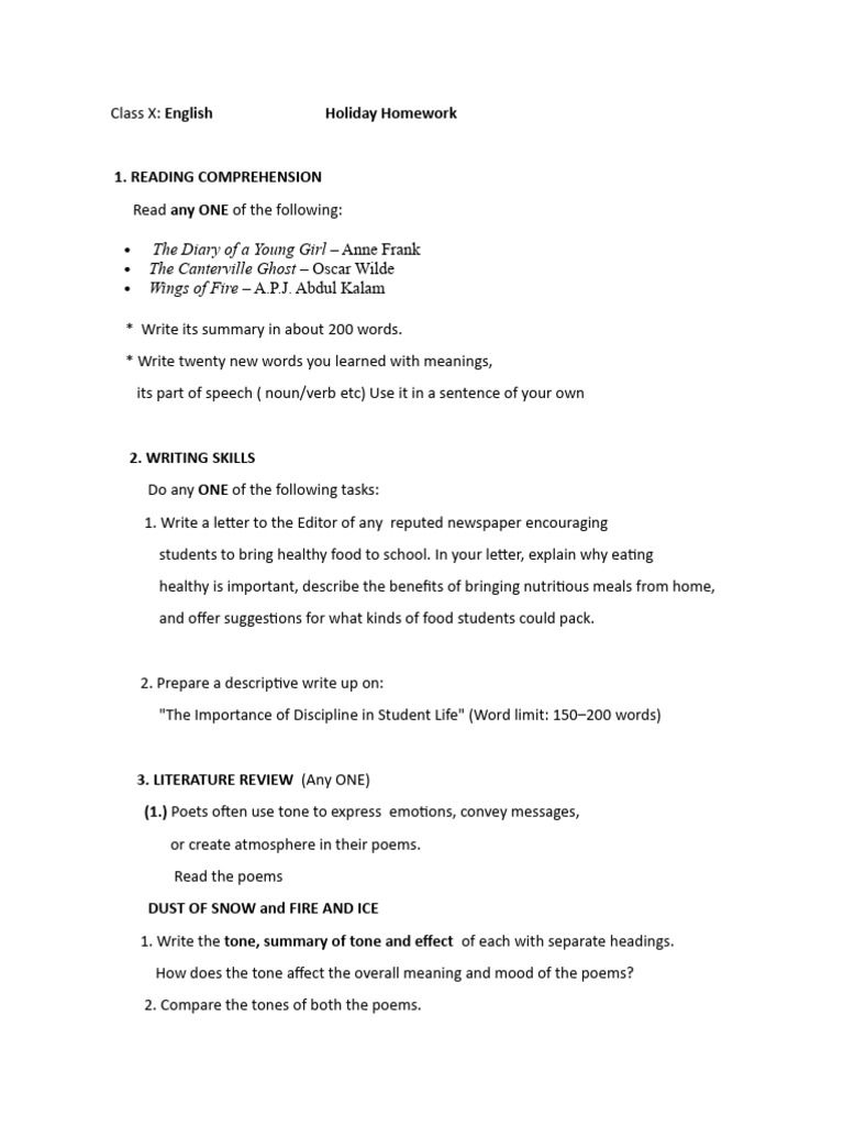 English Holiday Homework - Class X | PDF | Cognition | Behavioural Sciences