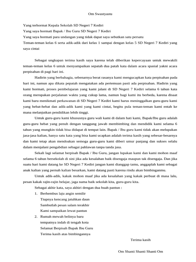 Sepatah Dua Kata Perpisahan SD 7 Kediri | PDF