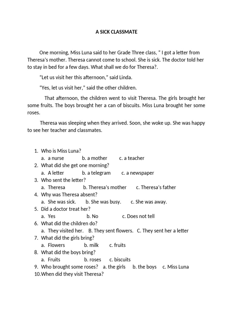 A SICK CLASSMATE A Short Story | PDF