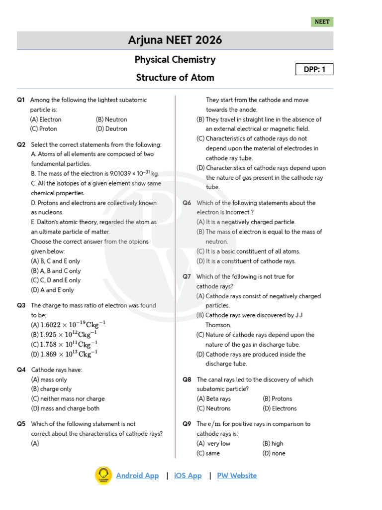 683ad95f9e96dbe4ca2d30c1 - ## - Structure of Atom - DPP 01 (Of Lecture 02) - Arjuna NEET 2026 ...