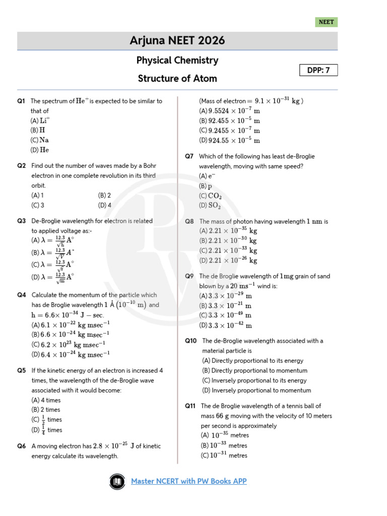 685a64f30c760bb0448130f4 - ## - Structure of Atom - DPP 07 (Of Lecture 11) - Arjuna NEET 2026 ...