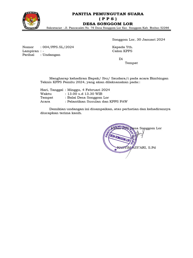 Undangan Bimtek KPPS Pemilu 2024 | PDF