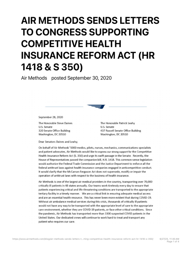 Air Methods Sends Letters To Congress Supporting Competitive Health ...