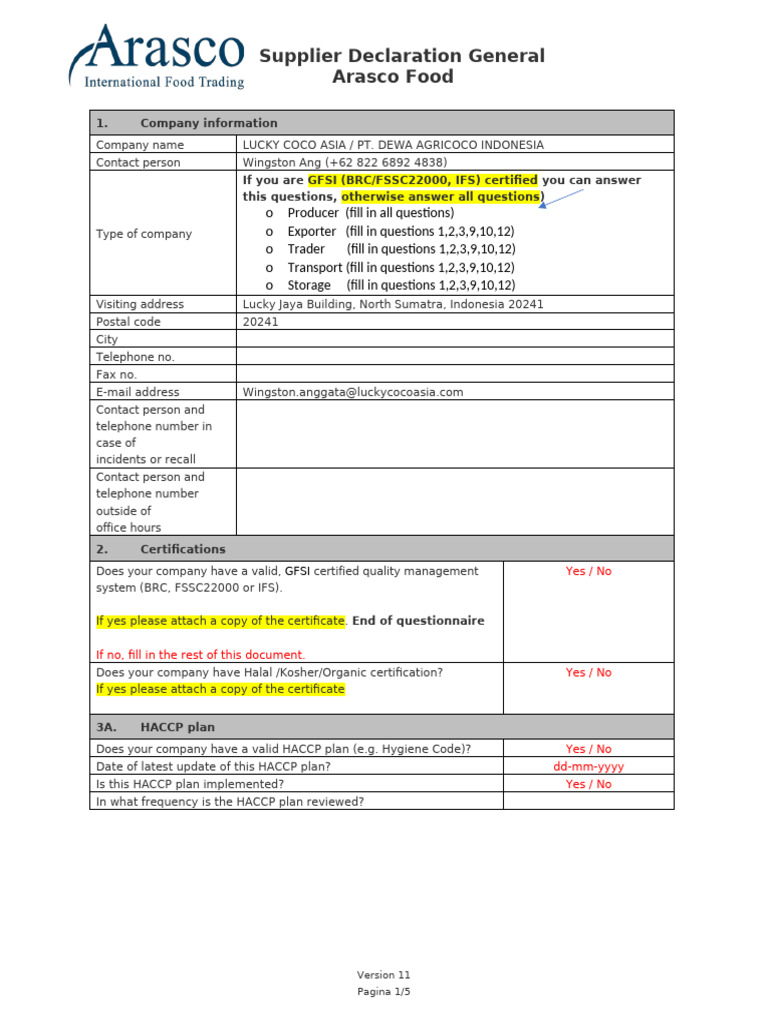 Supplier Declaration for Food Safety Compliance | PDF | Food Safety ...