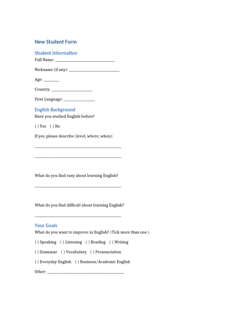 New Student Form English Class | PDF