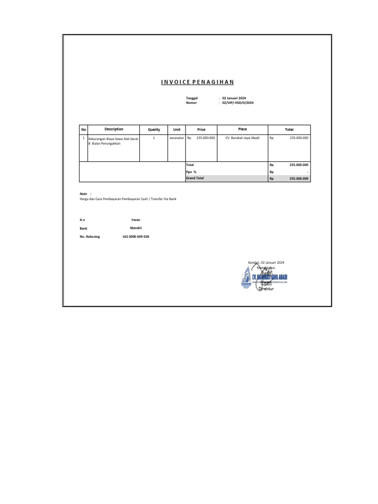 Invoice Tagihan Sewa Alat Berat | PDF