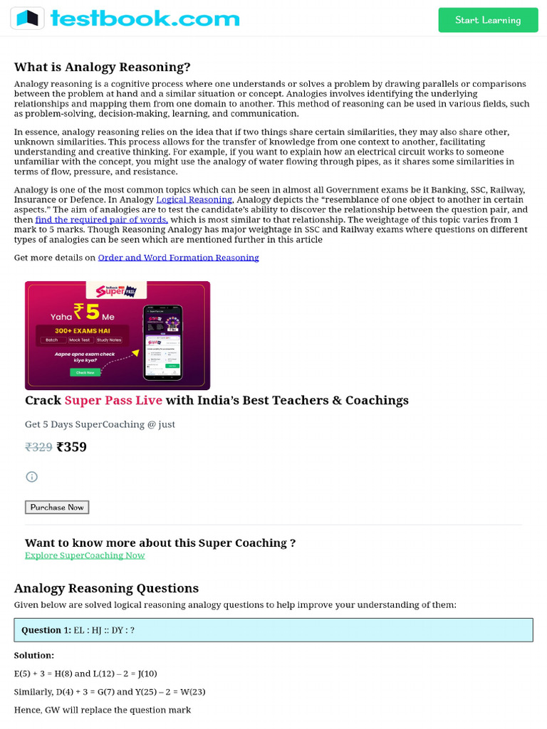 Analogy Reasoning - Key Concepts, Analogy Questions With Answers | PDF