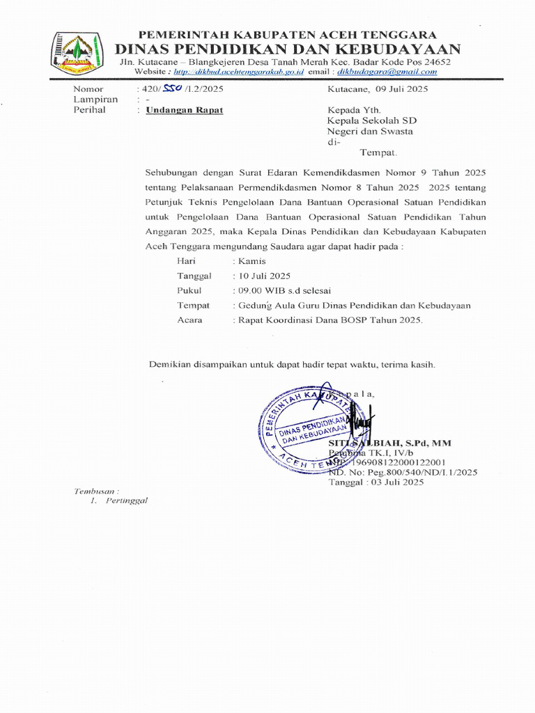 Undangan Rapat Koordinasi Dana BOSP THN 2025 | PDF