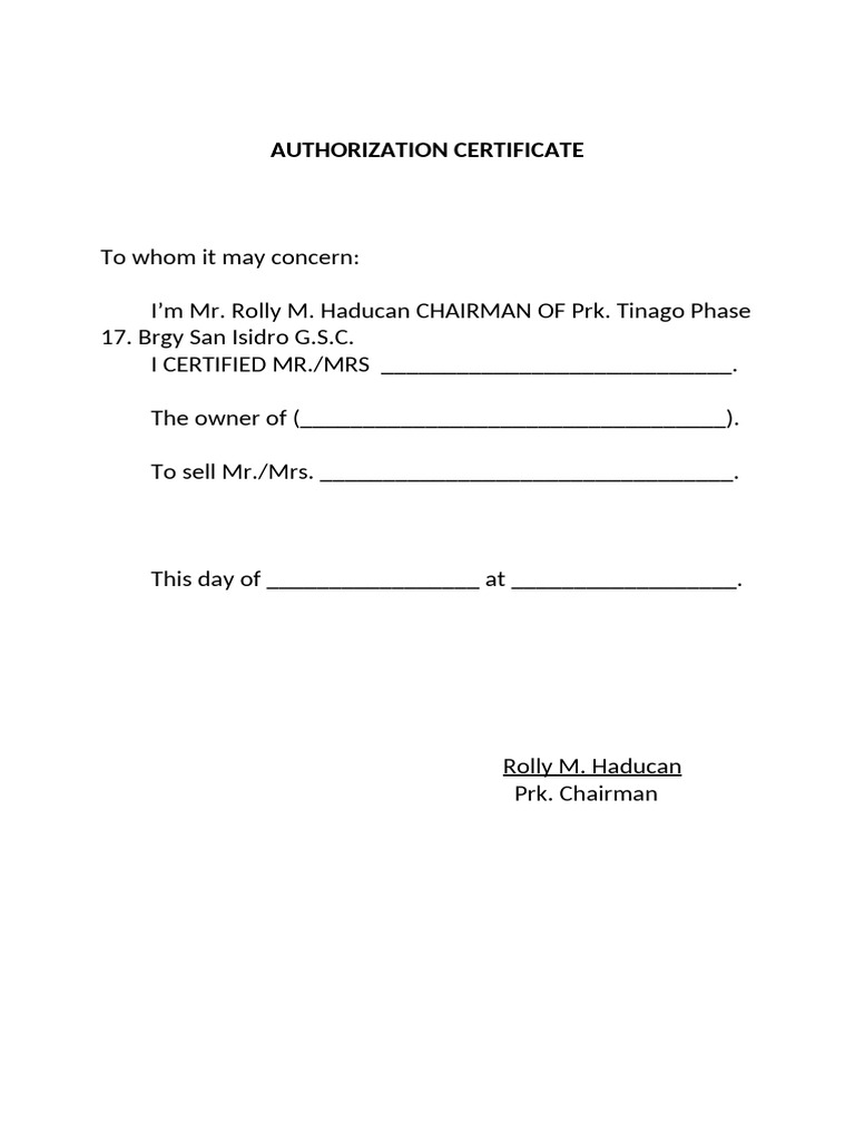 Authorization Certificate | PDF