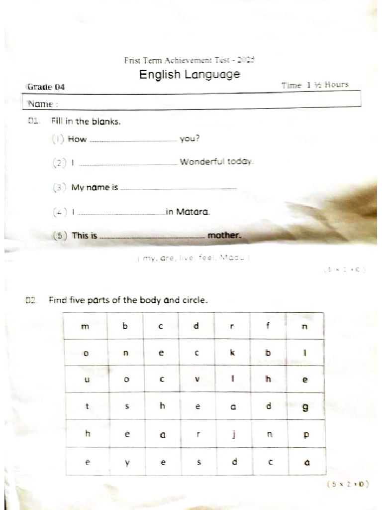 English Grade 4 First Term Test 2025 Pdf