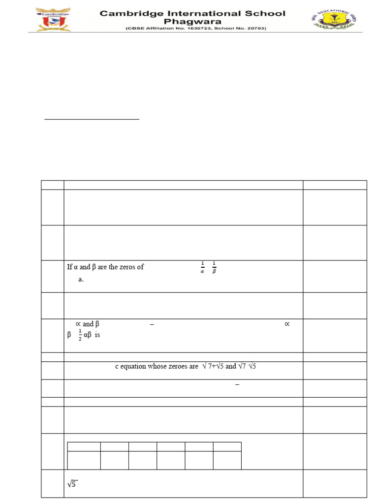Ut1 Maths Standard (2025-26) Set A | PDF | Abstract Algebra | Algebra