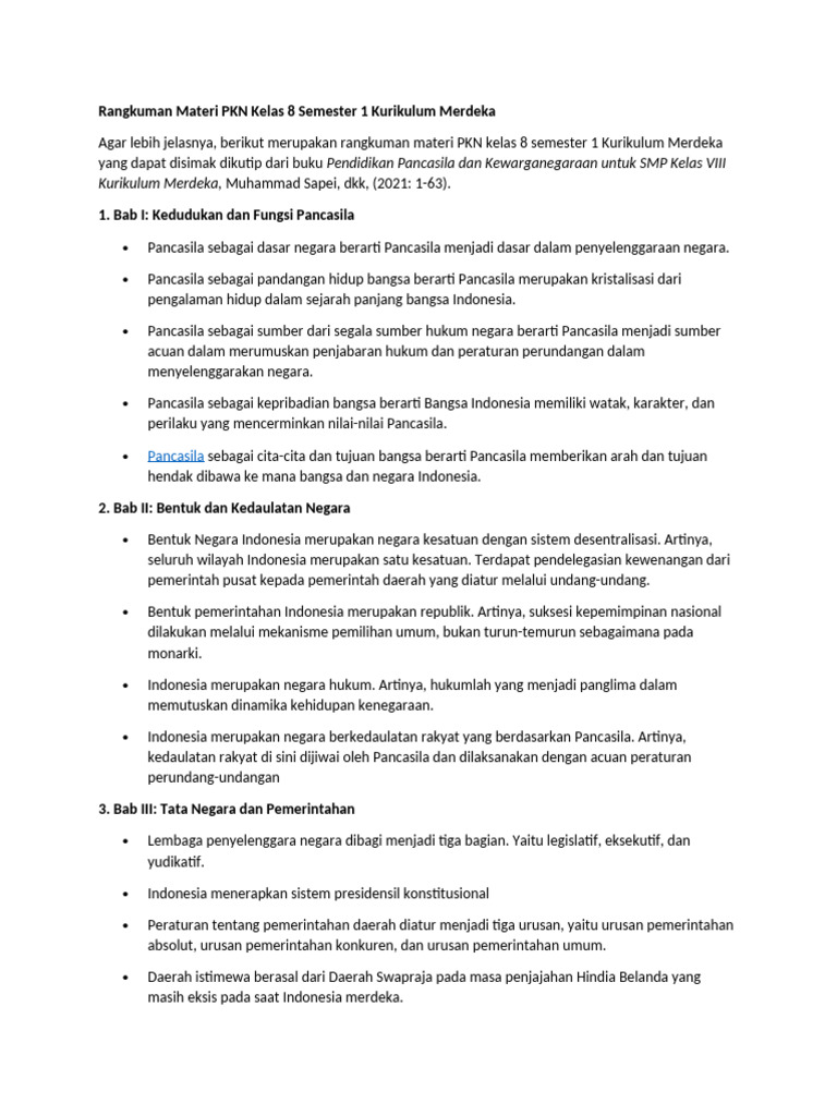 Rangkuman Materi PKN Kelas 8 Semester 1 Kurikulum Merdeka | PDF