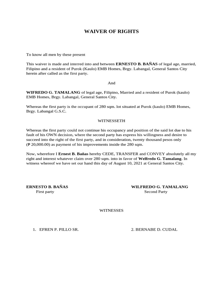 Waiver of Rights Agreement Template | PDF