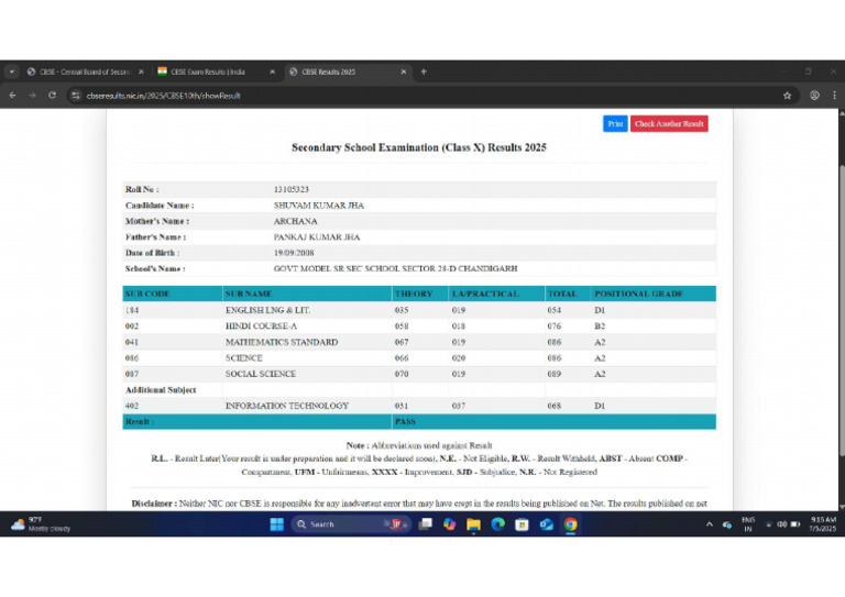 Shubhamjha Class 10 Marksheet | PDF