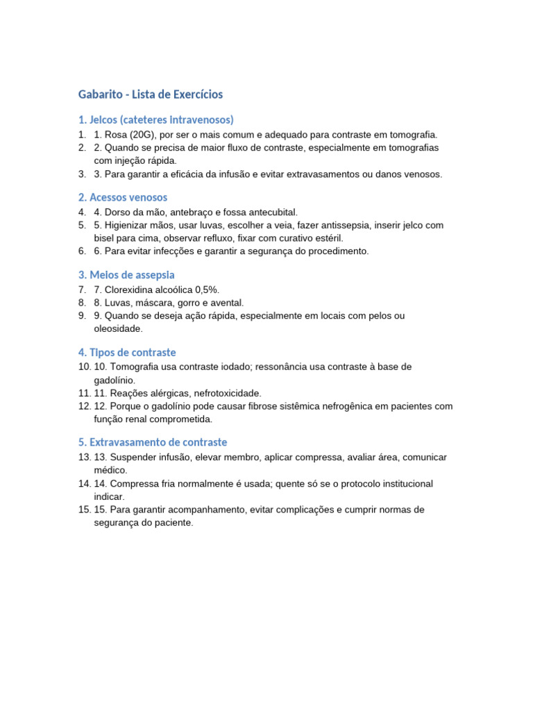 Gabarito Lista Exercicios Enfermagem Radiologia (1) | PDF