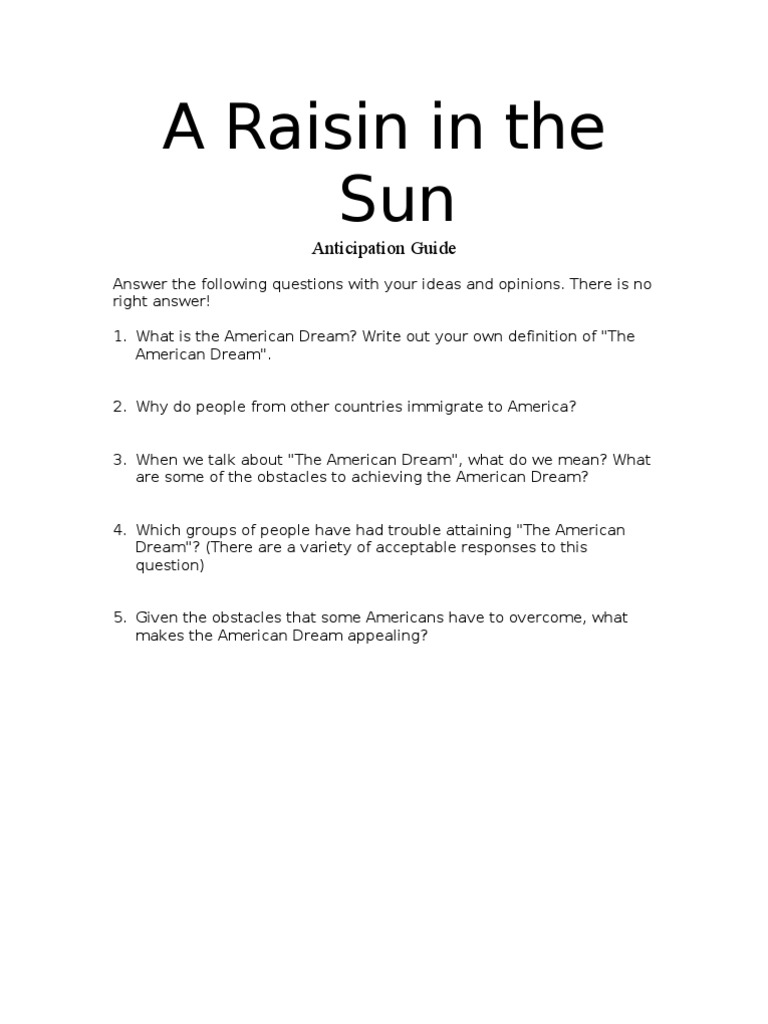 Anticipation Guide for A Raisin in the Sun | PDF