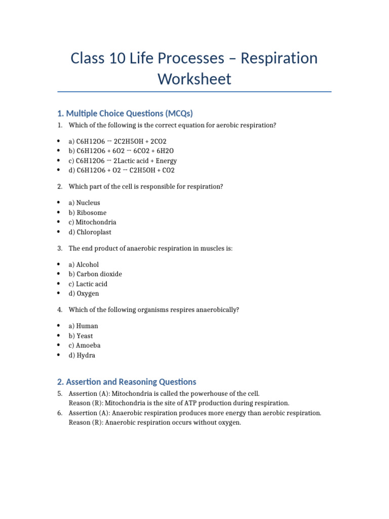 Class 10 Respiration MCQs & Worksheets | PDF