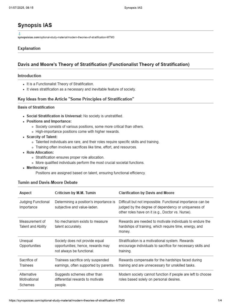 Synopsis Ias - Davis Moore | PDF | Social Stratification | Risk