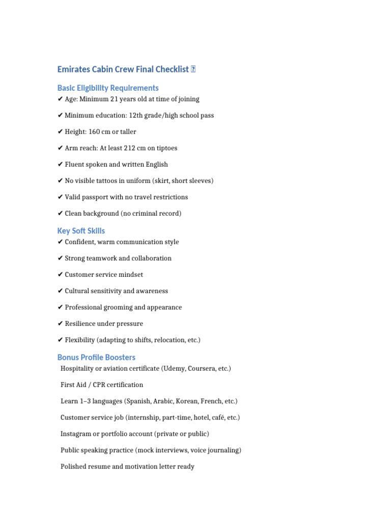 Emirates Cabin Crew Final Checklist | PDF