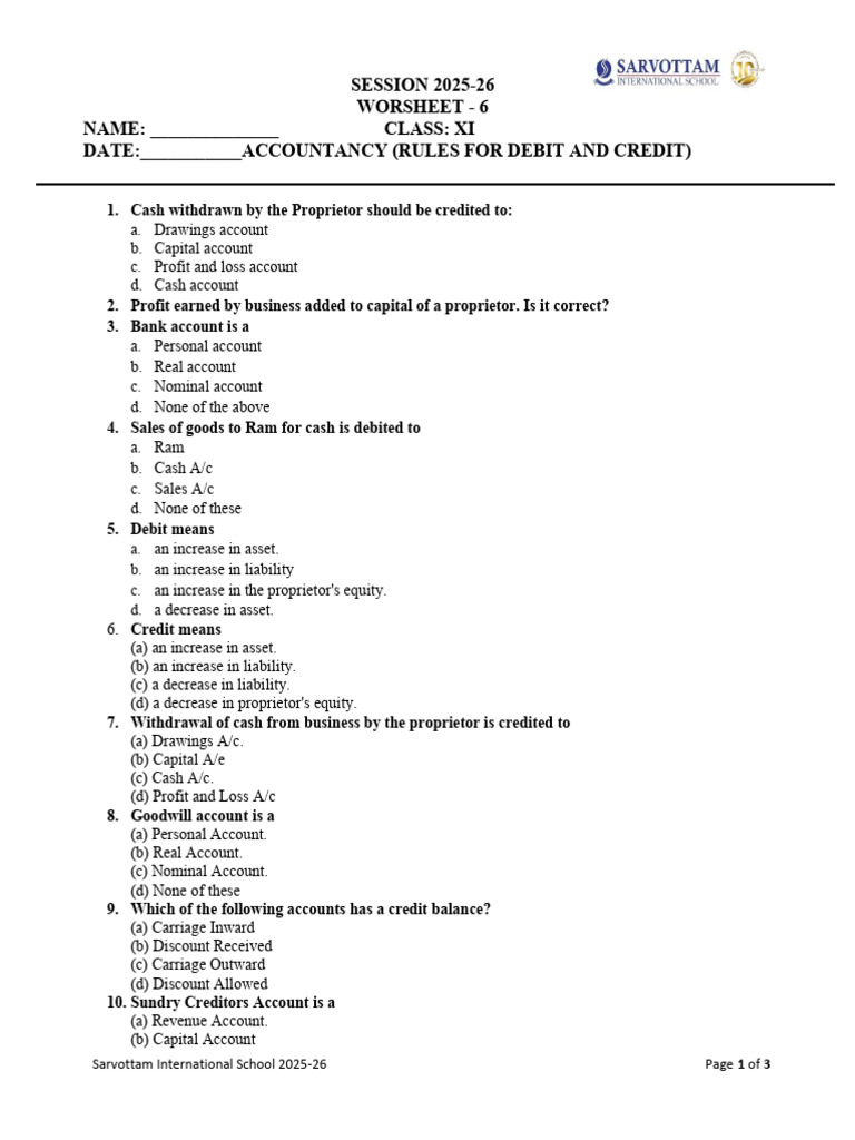 Accountancy Worksheet for Class XI | PDF | Debits And Credits ...